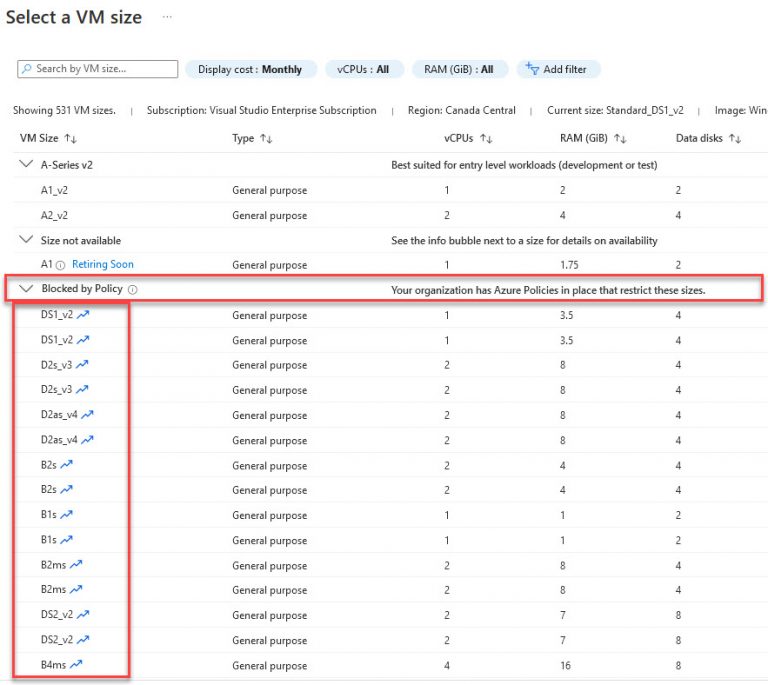 Azure Policy Assignment to block the creation of expensive VMs.