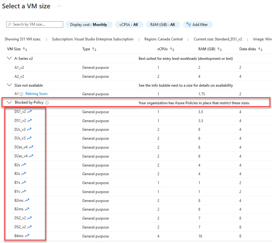 Azure Policy Assignment to block the creation of expensive VMs.