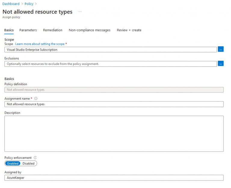Azure Policy Assignment to block the creation of expensive VMs.